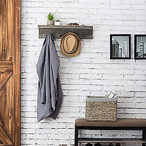 MyGift Wall-Mounted Gray Wood 24-Inch Hanging Shelf with 4 Peg Hooks