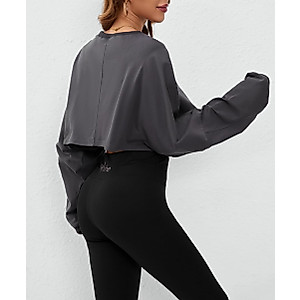 Meladyan Women Long Sleeve Crewneck Crop Top Tee Shirt Sweatshirt Casual Solid Loose Fit Workout Cropped Pullover Tshirt Dark Grey