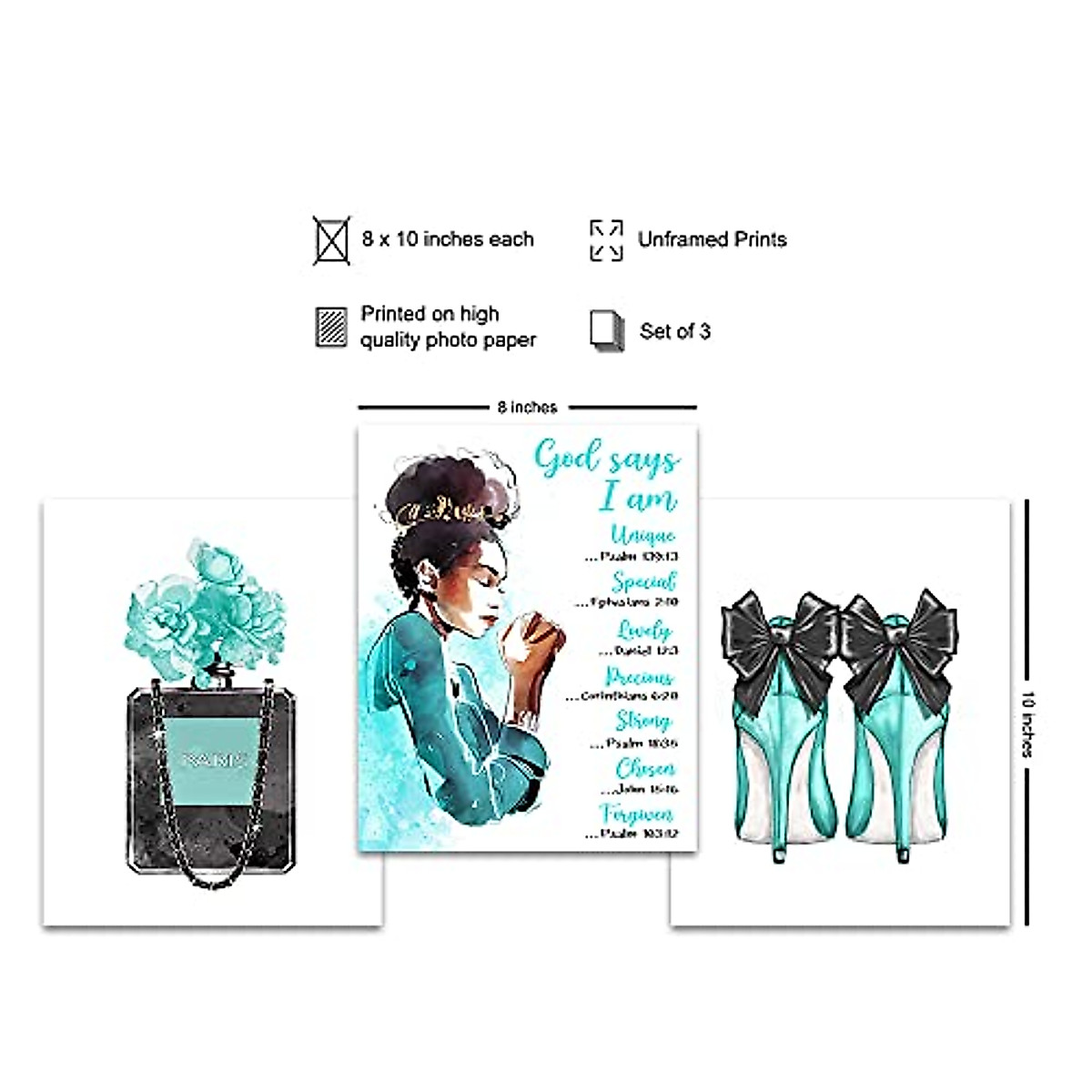 Inspirational African American Women Bible Verses - Black Art - Religious Christian Scripture Positive Encouragement Gifts - Light Blue Motivational Glam Designer Fashion Wall Decor Poster for Girls