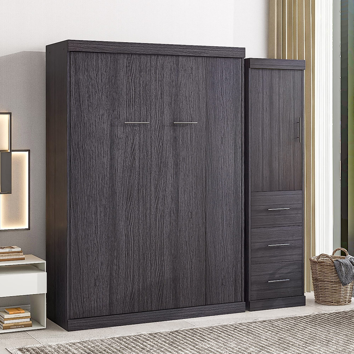 Harper & Bright Designs Murphy Bed Full with Wardrobe and Storage Drawers, Easy Fold Murphy Bed Cabinet, Modern Full Size Murphy Bed Wall Bed for Multipurpose Guest Room Home Office,Grey