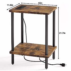 Fixwal 2-Tier Nightstand with Charging Station, End Table Set of 2, Side Table with USB Ports and Power Outlets, Side Table for Living Room, Bedroom, Rustic Brown and Black