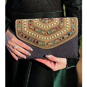 Women's Black and Gold Beaded Envelope Clutch, Luxury Handmade Formal Vintage Evening Bag