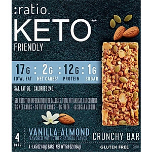 :ratio KETO Friendly Crunchy Bars, Vanilla Almond, Gluten Free Snack, 4 ct