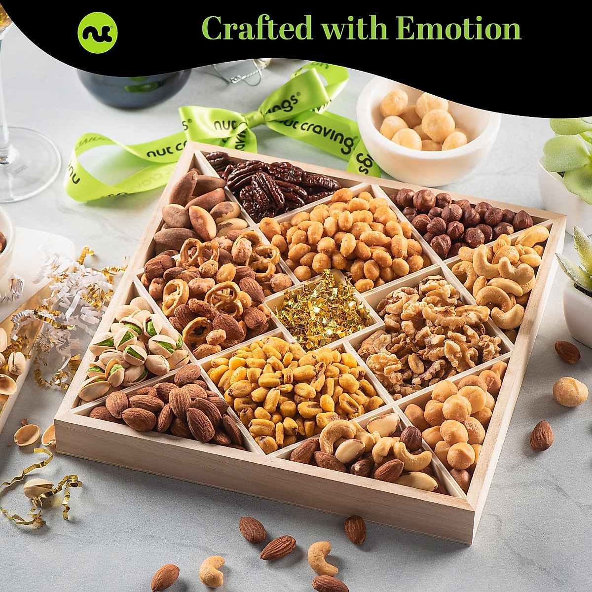 NUT CRAVINGS Gourmet Collection - Purim Mishloach Manot Mixed Nuts Gift Basket in Reusable Diamond Wooden Tray + Green Ribbon (12 Assortments) Arrangement Platter, Healthy Kosher Corporate