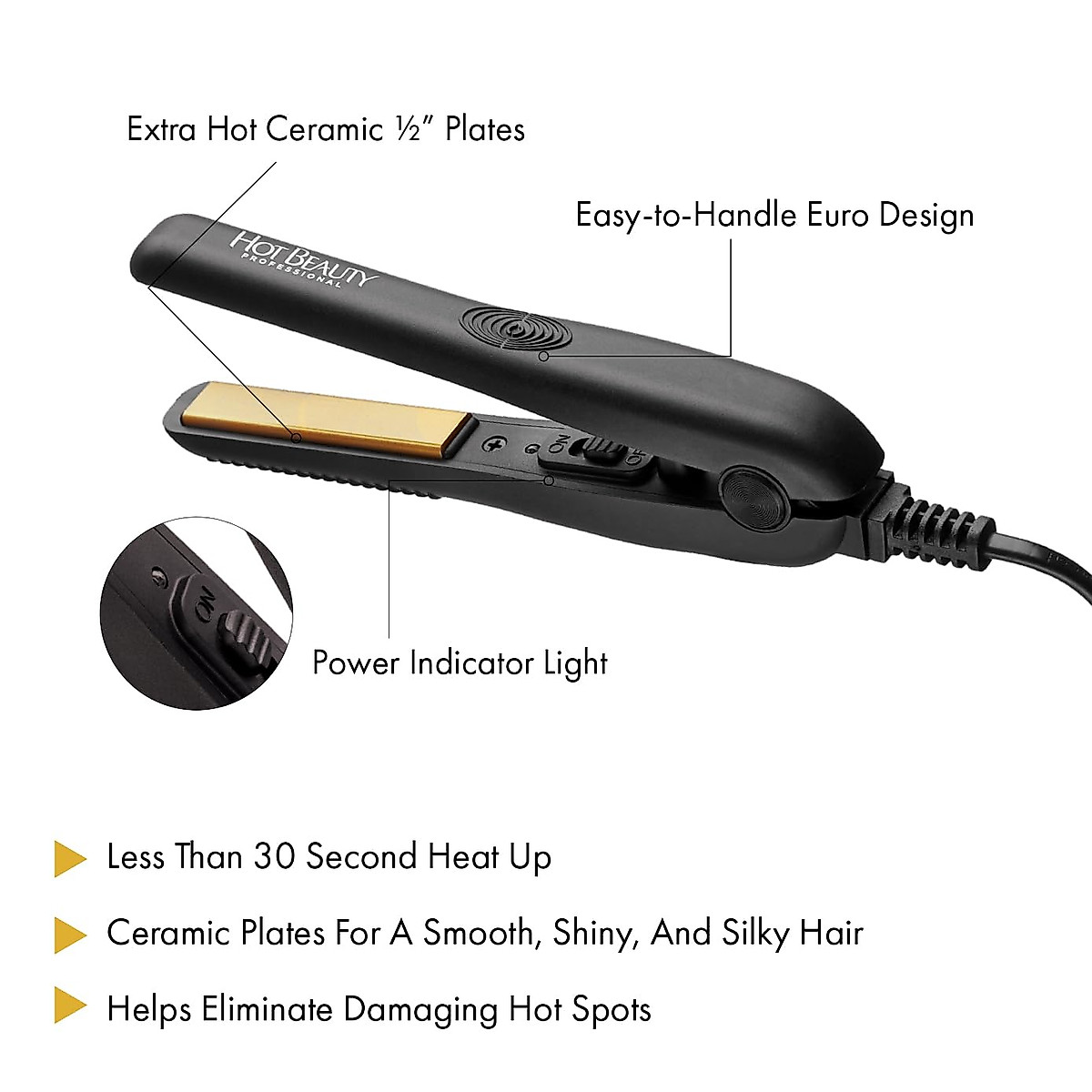 Hot Beauty Professional Ceramic Mini Flat Iron 1/2", Anti-Frizz, Fast Heating, Versatile Styling for Curly & Straight Hair, Ideal for Traveling with Travel Pouch (Black)