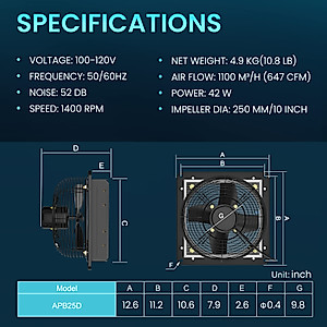 HG Power 10 Inch Shutter Exhaust Fan with Mesh Screen, 647CFM Low Noise Shed Exhaust Fan for Ventilation Use, 10" Silent Wall Mounted Extractor Fan for Basement, Gable, Chicken Coop, Black