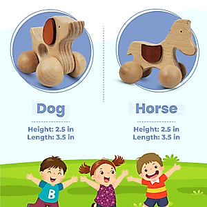 TEKOR Wooden Animal Push Toy with Wheels for Baby and Toddler Grasping & Teething - Montessori Wood Animal Car Set for Skill and Motor Development, Smooth, No Rough Edges (Package of 2 Toys)