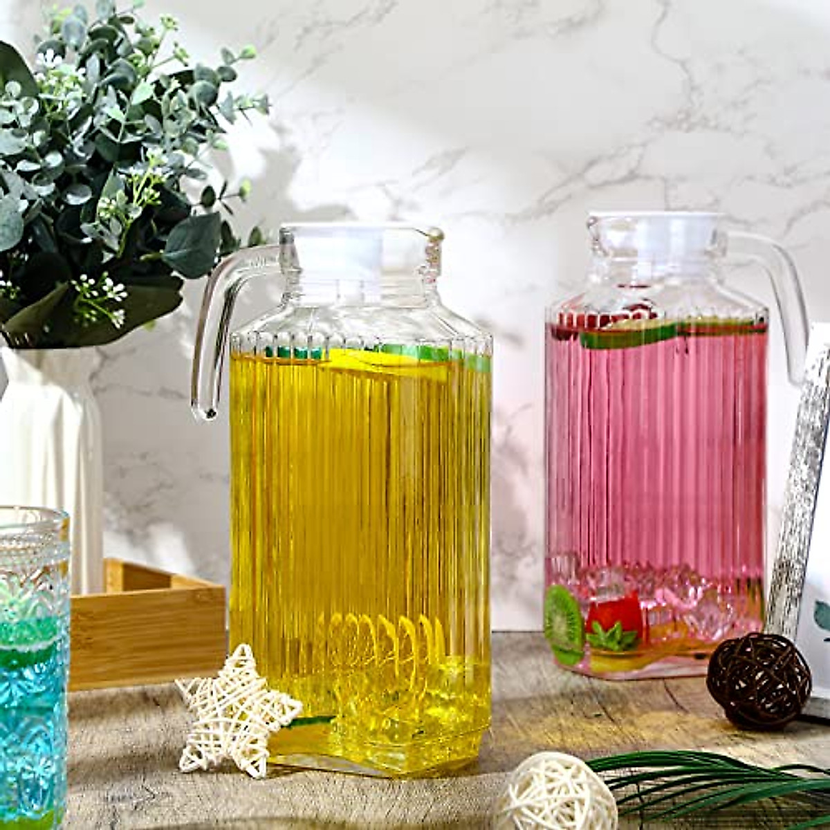 2 Pcs Glass Pitcher with Lid and Spout Ribbed Fridge Pitcher Clear Glass Water Pitcher with Handle Juice Containers with Lids for Fridge Water Jar Water Carafe Milk Jug for Iced Tea (63.4 oz)