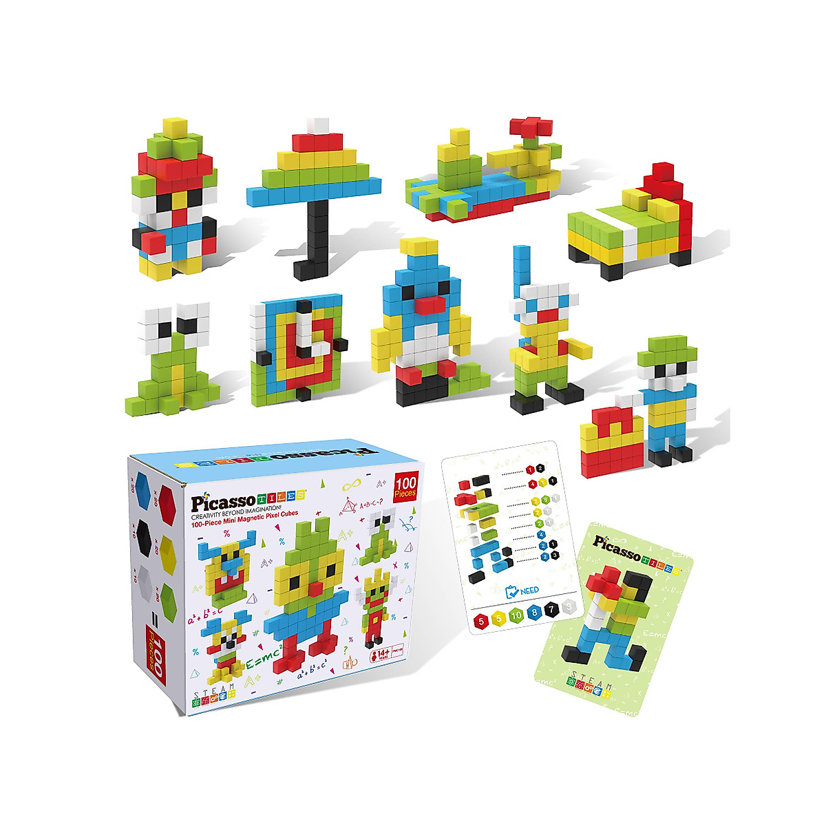 PicassoTiles 0.5” Pixel Magnetic Puzzle Cube 100 Piece Mix & Match Cubes Sensory Toys STEAM Education Learning Building Block Magnets Children Construction Toy Set Stacking Magnet Creative Kit PMC100