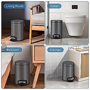 H+lux Small Trash Can with Lid, Round Garbage Can with Foot Pedal, Removable Inner Wastebasket, Anti-Fingerprint Matt Finish, 0.8Gal/3L, Grey