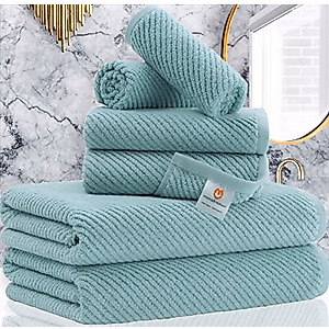Towels for Bathroom,6 Pieces Gift Set,100% Cotton | Large | Soft | Quick Dry, 2 Bath towels 30×56inch, 2 Hand towels 18×28, 2 Wash Cloths 13×13,Dorm Bathroom Essentials, Teal | Aqua | Blue