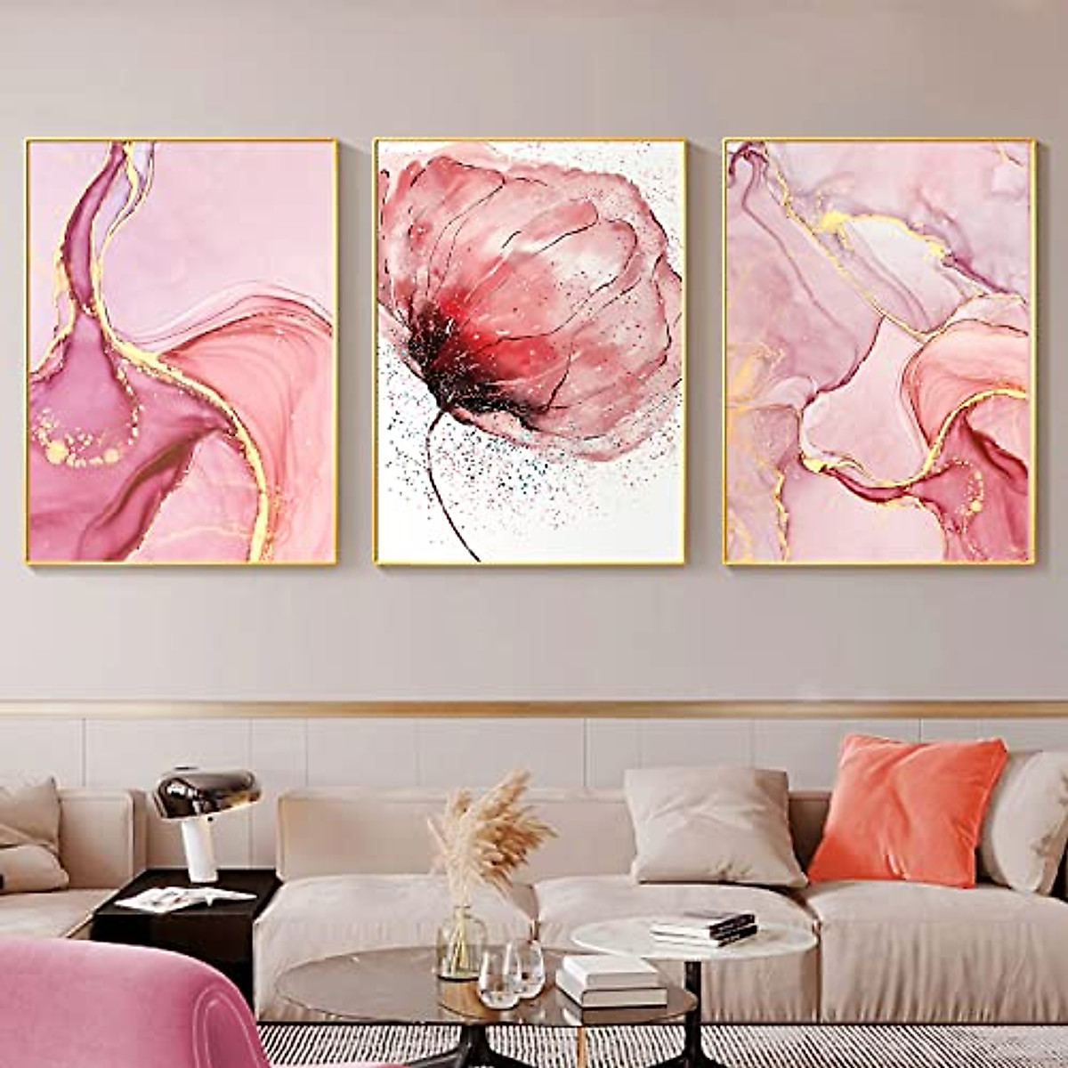 Pink Marble Abstract Wall Art Gold Foil Marble Painting Pink Flower Artwork Gold Pink Poster Prints Modern Marble Bathroom Decor Wall Art Pink and Gold Wall Decor for Living Room 16x24inch Unframed