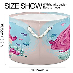 MNSRUU Storage Basket 20"x14" Little Lovely Mermaid Princess Round Storage Organizer Basket with Handles, Fabric Nursery Laundry Basket Large Capacity