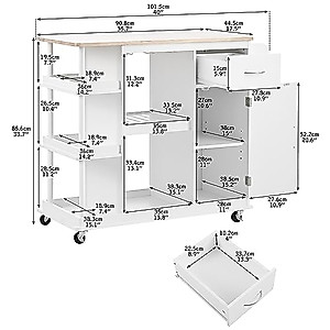 Kitchen Island Cart on Wheels with Storage Drawers, Multipurpose Kitchen Cart Cabinet with Side Storage Shelves and Wine Rack Kitchen Island with Rubber Wood Top for Dining Room, Home, Bar, White