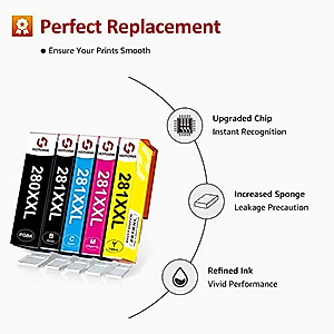 PGI-280XXL/CLI-281XXL Compatible Ink Cartridge Replacement for Canon 280 281 Ink Cartridge High Yield Use to PIXMA TR8520 TS6120 TS6320 TS6220 TR7520 TS8120 TS9120 TS9520 (5 Value Pack)