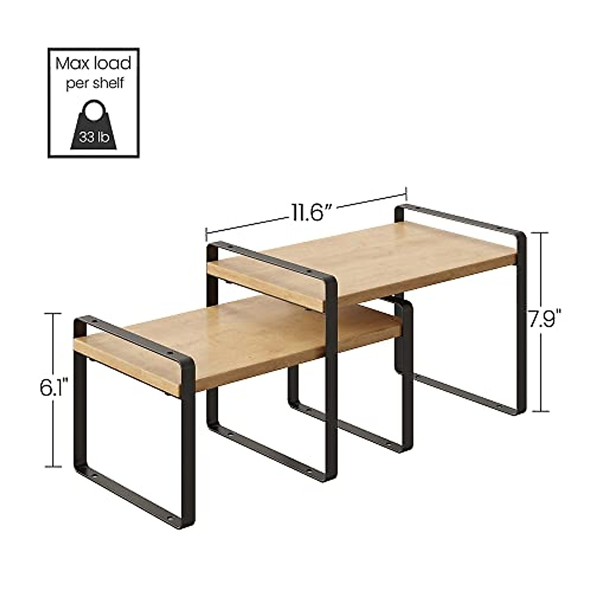 HILINSIE Cabinet Organizer Shelf- Set of 2 Kitchen Counter Shelves, Expandable Spice Racks, Stackable Counter Top Shelf, Engineered Wood and Metal, 7.7 x 11.6 x 14 Inches, Natural and Black