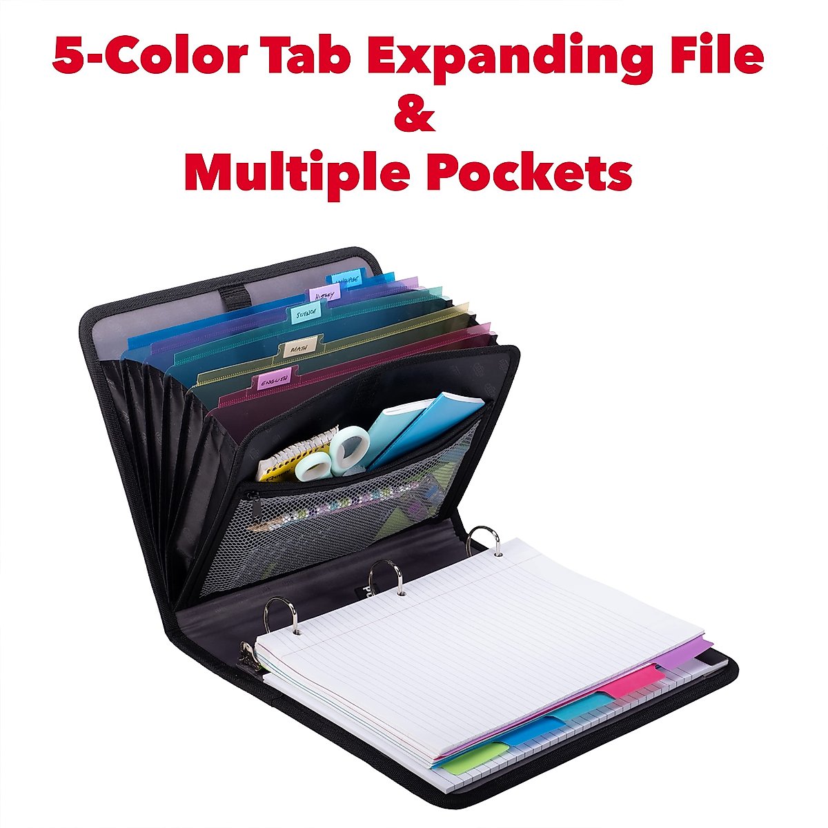 Case-it Padfolio with 1" Removable O-Ring Binder, with 5-Color Tabbed Expanding File Folder, Mesh Pockets, Pen Loops, Secure Elastic Strap Closure, Slim-700-FN, Black