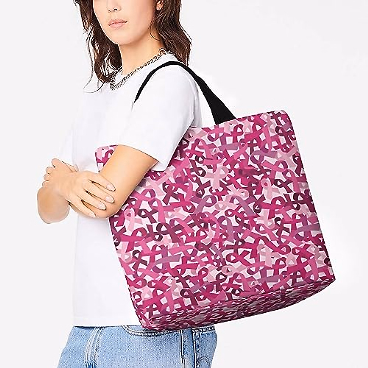 Breast Cancer Awareness Pink Ribbon Women's Tote Bag Large Capacity Shopping Grocery Reusable Shoulder Bag for Travel Picnic