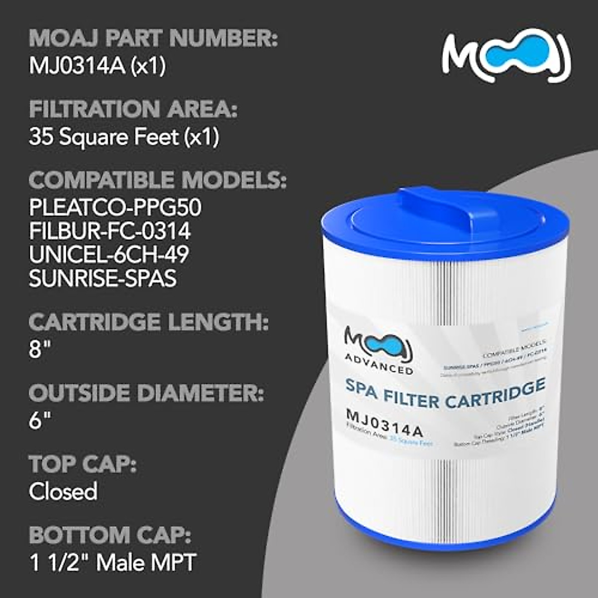 MOAJ Advanced Spa Filter Replaces PPG50, PPG50P4, Filbur FC-0314, Unicel 6CH-49, Sunrise Spas | 8" x 6" | 35 Square Foot Filtration Area Per Cartridge | Durable, Washable & Reusable | Based in USA