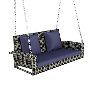 ERYE Outdoor PE Wicker Swing Chains, Pillows for Garden, Backyard, Pond Porch Furniture Set, 2 Seaters Double Rattan Cushioned Conversation Hanging Sofa & Couch, Gray+Blue