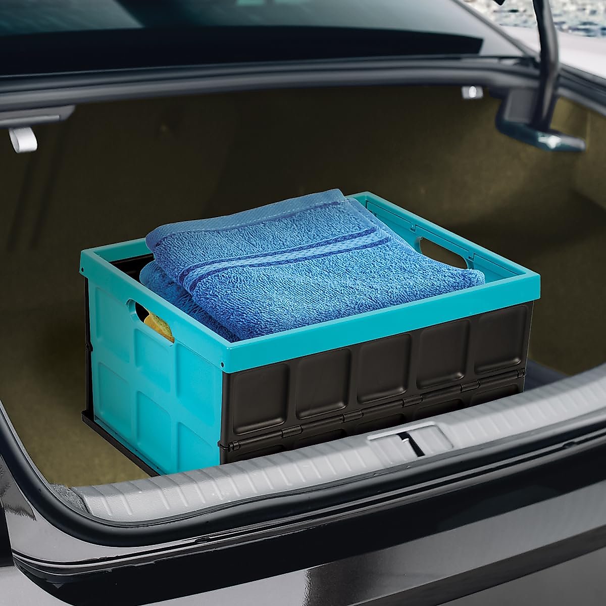 Glad Collapsible Storage Bin with Lid - 48L Foldable Plastic Box for Garage, Car Trunk, and Organization - Stackable Lidded Container with Handles, Turquoise