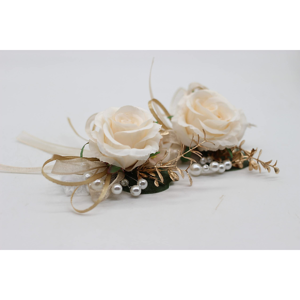 YOKOKE 2 Corsages, Handmade Artificial Peony Rose Wrist Corsage Wristlet Wedding Prom Suit Decorations (2 Gold Wrist Corsage)