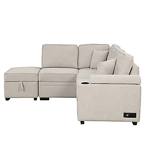 JURMALYN 87.4" Modular Sectional Sofa for Living Room, Convertible L- Shaped Sofa Couch Bed, 2 in 1 Pull Out Sleeper Sofa with USB Charge Ports Fabic Sofa with Storage - Beige