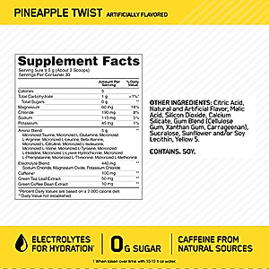 Optimum Nutrition Amino Energy Plus Electrolytes Energy Drink Powder, Caffeine for Pre-Workout Energy, Amino Acids / BCAAs for Post-Workout Recovery, Pineapple Twist, 30 Servings (Packaging May Vary)