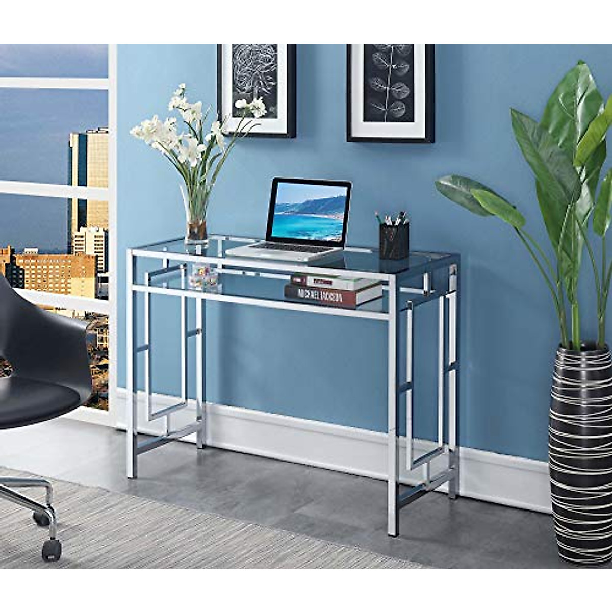 Convenience Concepts Town Square Chrome Desk With Shelf, Clear Glass / Chrome Frame