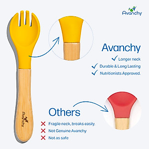 Avanchy Baby Fork Set, Bamboo and Silicone Spork Utensils, Toddler Baby Led Weaning Silverware Cutlery Flatware, Kids First Self Feeding
