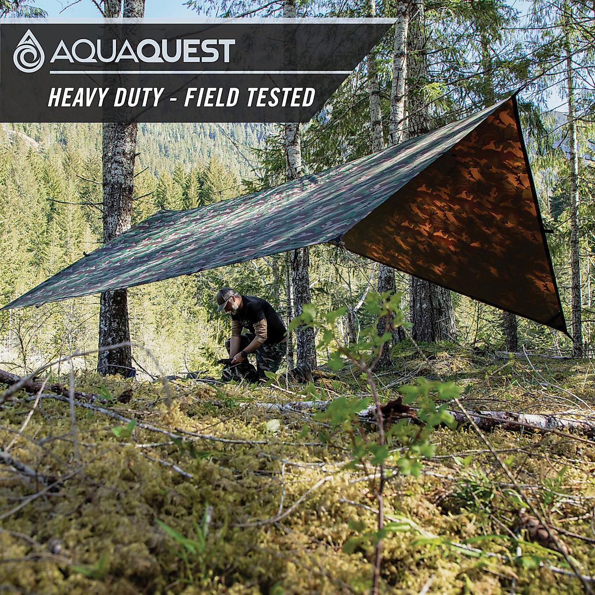 AQUAQUEST Defender Waterproof Camping Tarp - Heavy Duty Tent Shelter or Rain Fly - Camping Essentials for Hiking, Bushcraft & Hammock, 10 x 10 ft, Woodland Camo