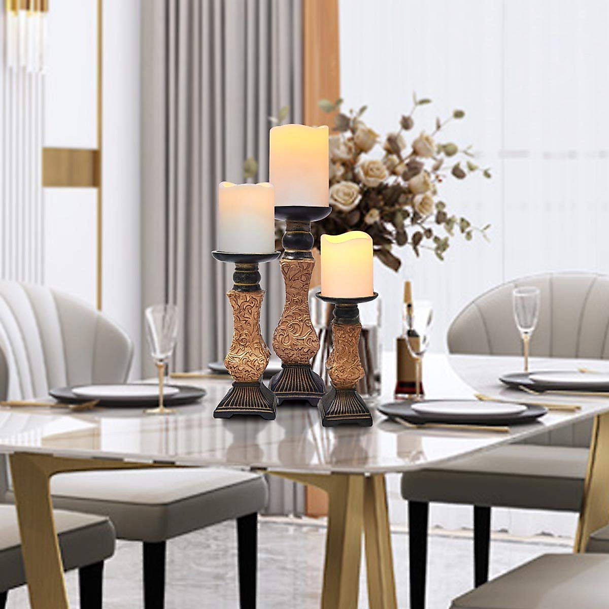 G-mart Set of 3 Gold Resin Pillar Candle Holders -12" H,10" H,8" H,Ideal for LED and Pillar Candles