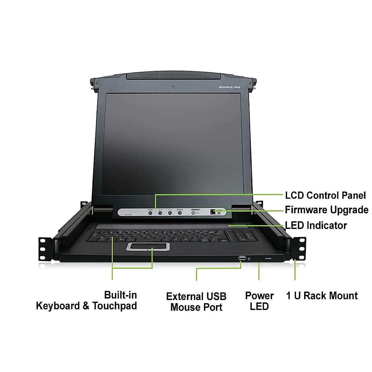IOGEAR RBA1025 1-Port Integrated KVM Console with 17 Inch TFT LCD Active Matrix Monitor, Keyboard and Touchpad, GCL1800, Black