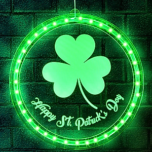 Enhon St. Patrick's Day Clover Window Light Decoration, Backdrop Decorative Saint Patrick Green Light for Windows Pathway Patio Bedroom Party Holiday Wall Decor (Shamrock Style)