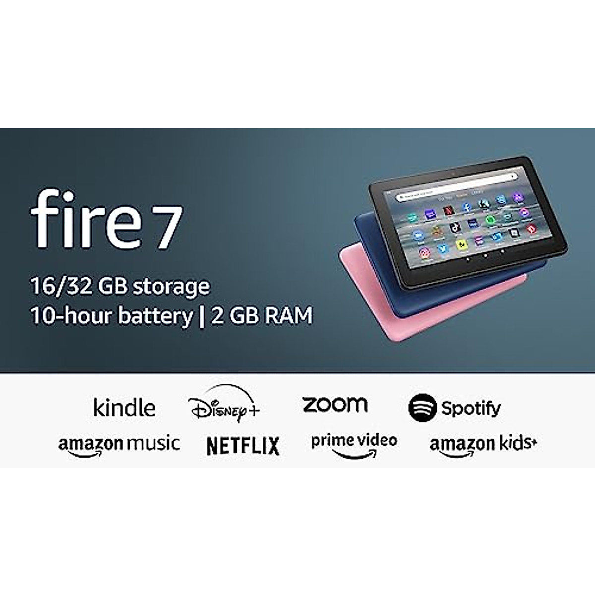 Fire 7 tablet, 7” display, 32 GB, 10 hours battery life, light and portable for entertainment at home or on-the-go, (2022 release), Denim, without lockscreen ads