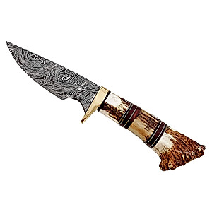 Damascus Steel Hunting Knife - Fixed Blade Knives with Sheath - Firm Grip Handle Made of Stag Horn(ST2)