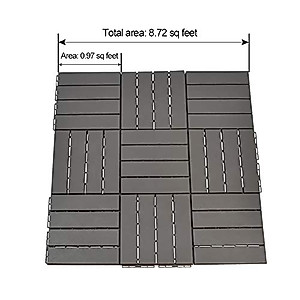 domi outdoor living Patio Deck Tiles, 12 x 12 inches Composite Interlocking Decking Tile, Four Slat Plastic Outdoor Flooring, 9 Pieces One Pack, Dark Grey