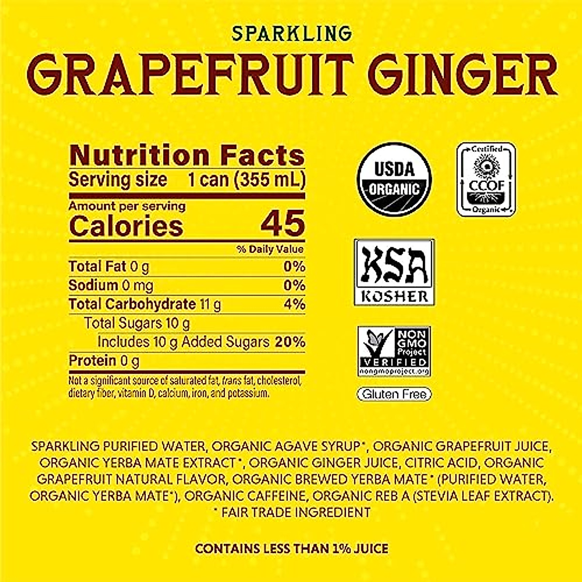 Guayaki Yerba Mate, Sparkling Clean Energy Drink Alternative, Organic Grapefruit Ginger, 12oz Cans (Pack of 12), 45 Calories Per Can, 80mg Caffeine