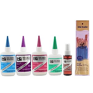 Bob Smith Industries Cyanoacrylate Glue, Super Glue, Insta-Cure, Insta-Cure+, Maxi-Cure, Un-Cure, and Insta-Set (Pack of 5) - with Make Your Day Paintbrushes