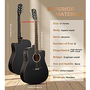 Vangoa Acoustic Electric Guitar Bundle for Beginners Adults Teens Full Size Cutaway Acoustic Guitar with Built-in Pickups, Wooden Bindings, Upgraded Starter Kit, Matte Black