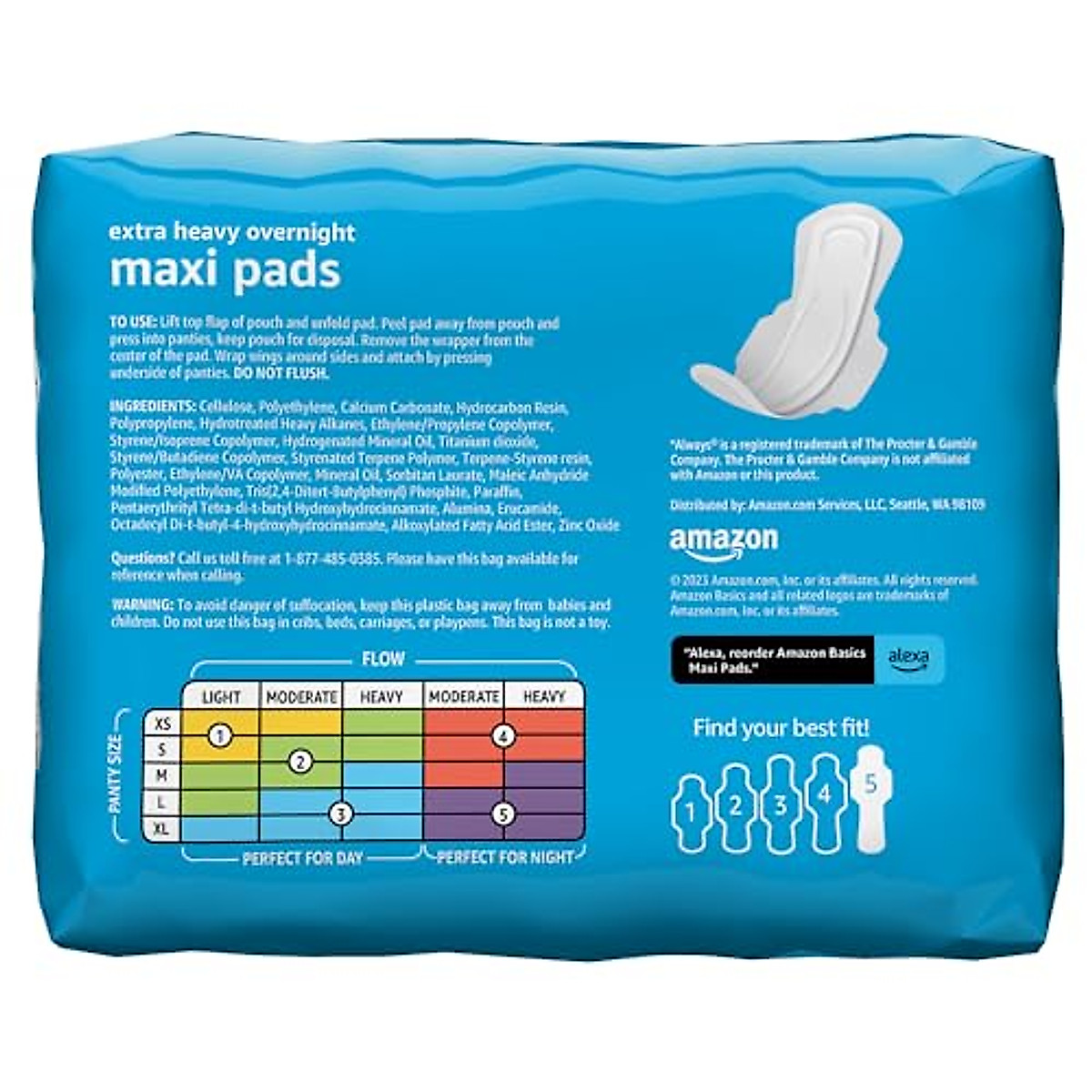 Amazon Basics Thick Maxi Pads with Wings for Periods - Extra Heavy Overnight Absorbency, Unscented, Size 5, 80 Count (4 Packs of 20) (Previously Solimo)