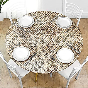 mimdmi Table Cloth, Fitted Round Plastic Vinyl Tablecloth with Flannel Backing and Elastic Edge, Waterproof Table Protector for Dining Room Table (Wicker, Large, 43-56 inch )