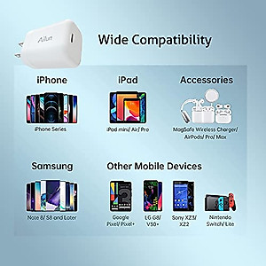 Ailun 20W USB C Power Adapter,PD Port Wall Charger Block Foldable Fast Charge for iPhone 14/14 Pro/13/13 Pro/12 Pro Max/12/12 Pro/12 Mini/11,Galaxy,Pixel 4/3, iPad Pro (Cable Not Included)
