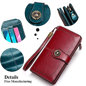 SENDEFN Genuine Leather Wallet for Women Clutch with Strap 24 Card Slots 2 ID Windows Cash Compartments 1 Zipper Pocket Credit Card Holder RFID Blocking Gift Box Included (Red-1)