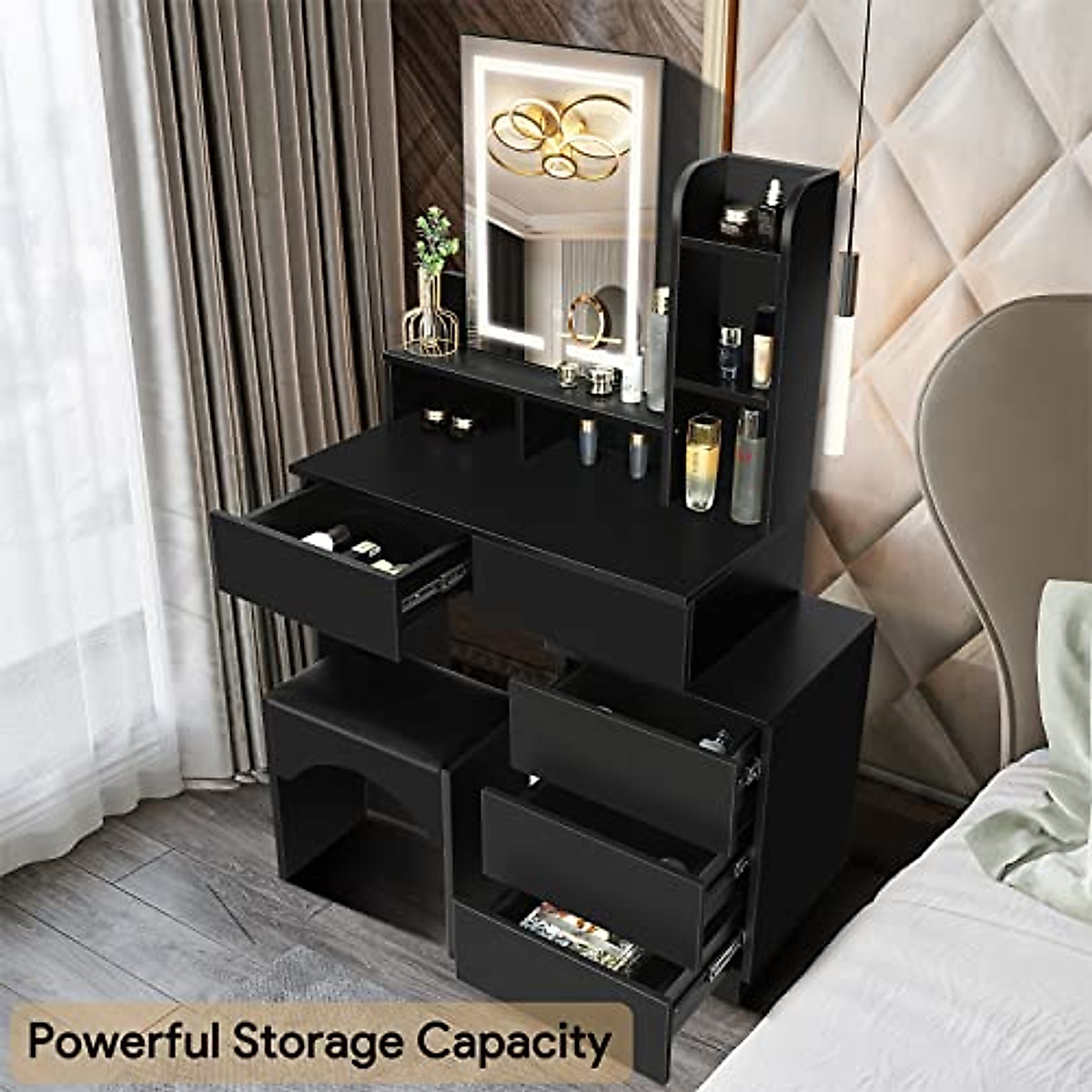 SMOOL Vanity Desk with Lighted Mirror - Makeup Vanity Table with 3 Color Lighting Modes Adjustable Brightness, Makeup Desk with Movable 3-Drawer Chest and Shelves, Vanity Set for Bedroom Studio, Black