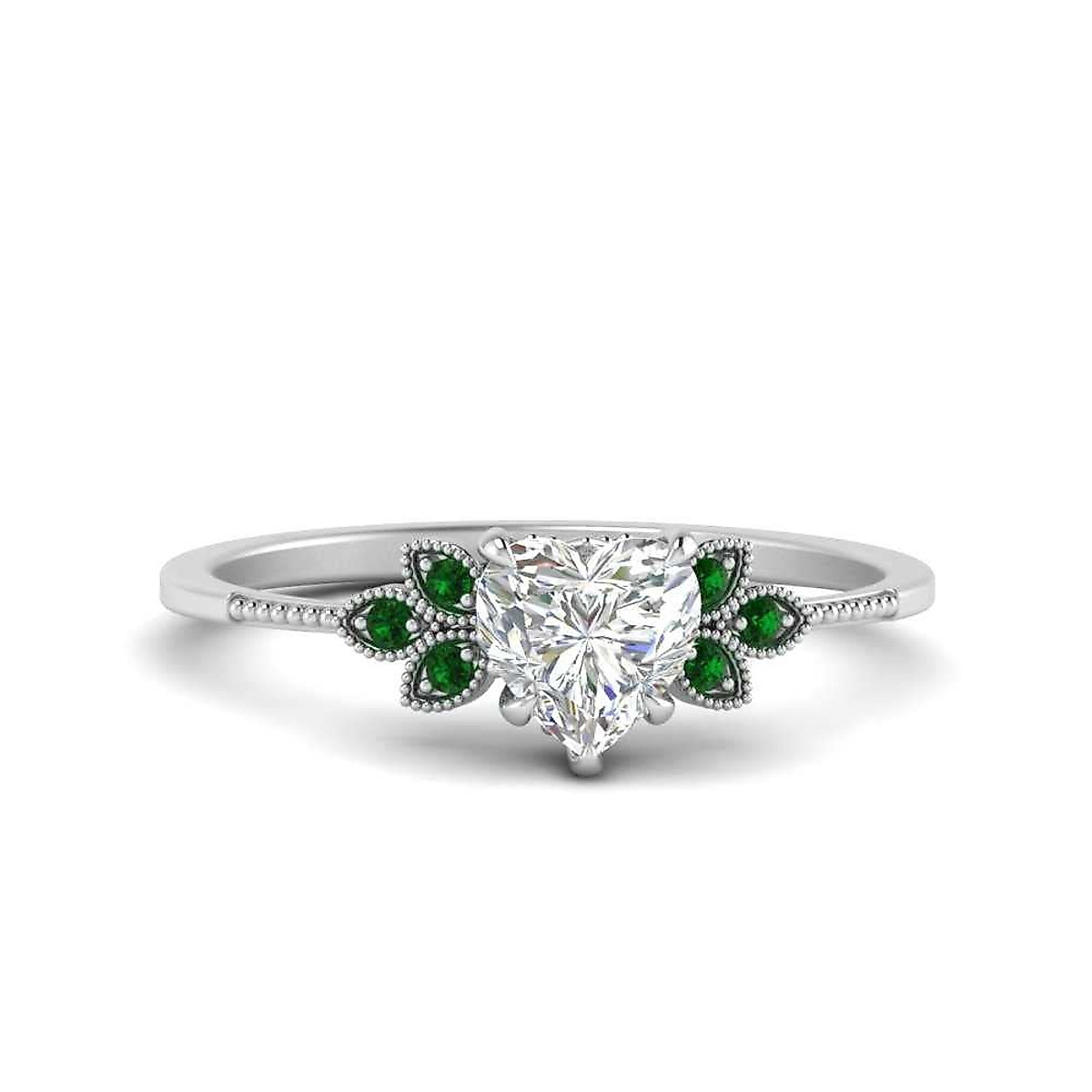 Gemsonclick Leaf Diamond Engagement Ring Sterling Silver Created Emerald Heart Shape Green Color Vintage Engagement Rings Prong Setting in Size 8 Party Wear Daily Wear Ornament