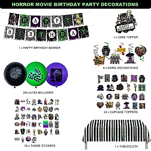 CAILESS Party Decorations - Beetlejuice Party Decorations 102Pcs, Classic Horror Party Supplies Included Birthday Banner Cake Toppers Balloon Swirls Decor Stickers and Stripe Tablecloth