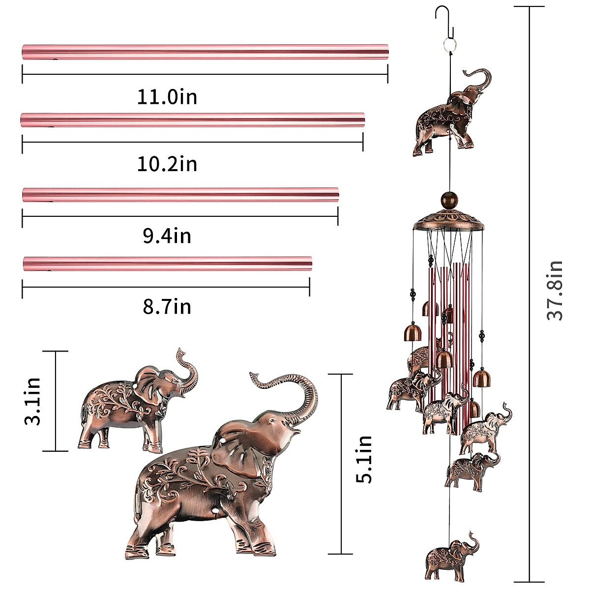 Grednfhat Elephant Wind Chimes for Outside Elephant Gift, Unique Windchimes Garden Decoration Outdoor Clearance Copper Wind Chime Christmas Birthday Gifts for Women Mom Grandma (Elephant)