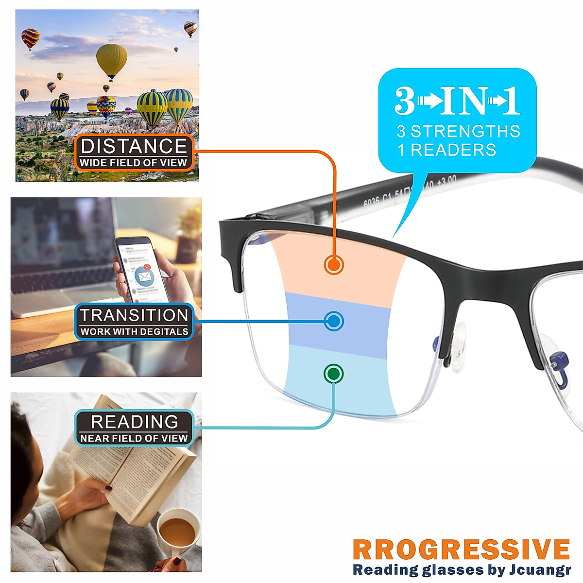 Bifocal Reading Glasses for Men, No Line Bifocals Progressive MultiFocus Readers, Wide Clear Top Transition Non Prescription Multifocal Eyeglasses,Large Anti Blue Light Multi focals Half Frame +1.75