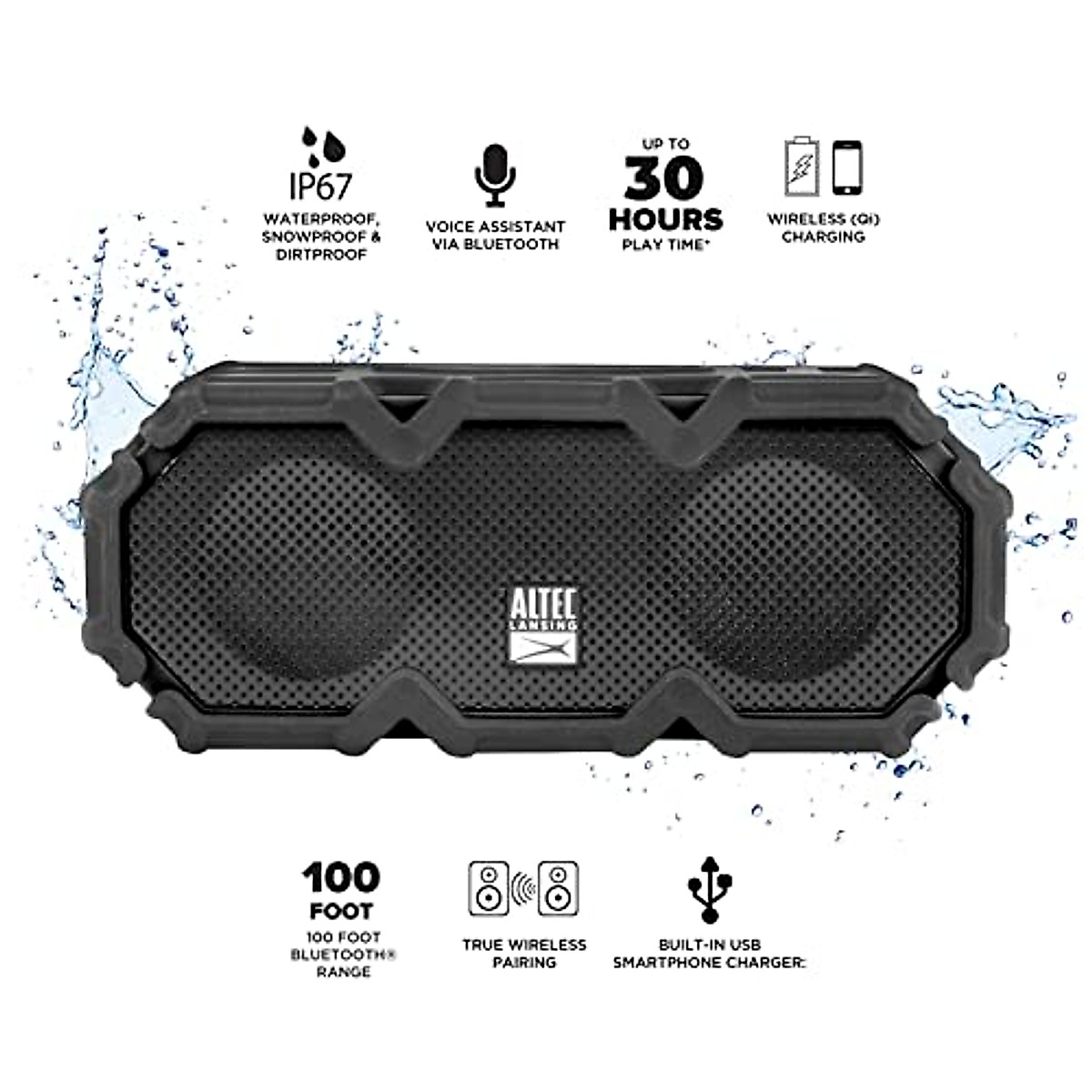 Altec Lansing LifeJacket Jolt - Waterproof Bluetooth Speaker, Durable & Portable Speaker with Qi Wireless Charging and Voice Assistant, Black
